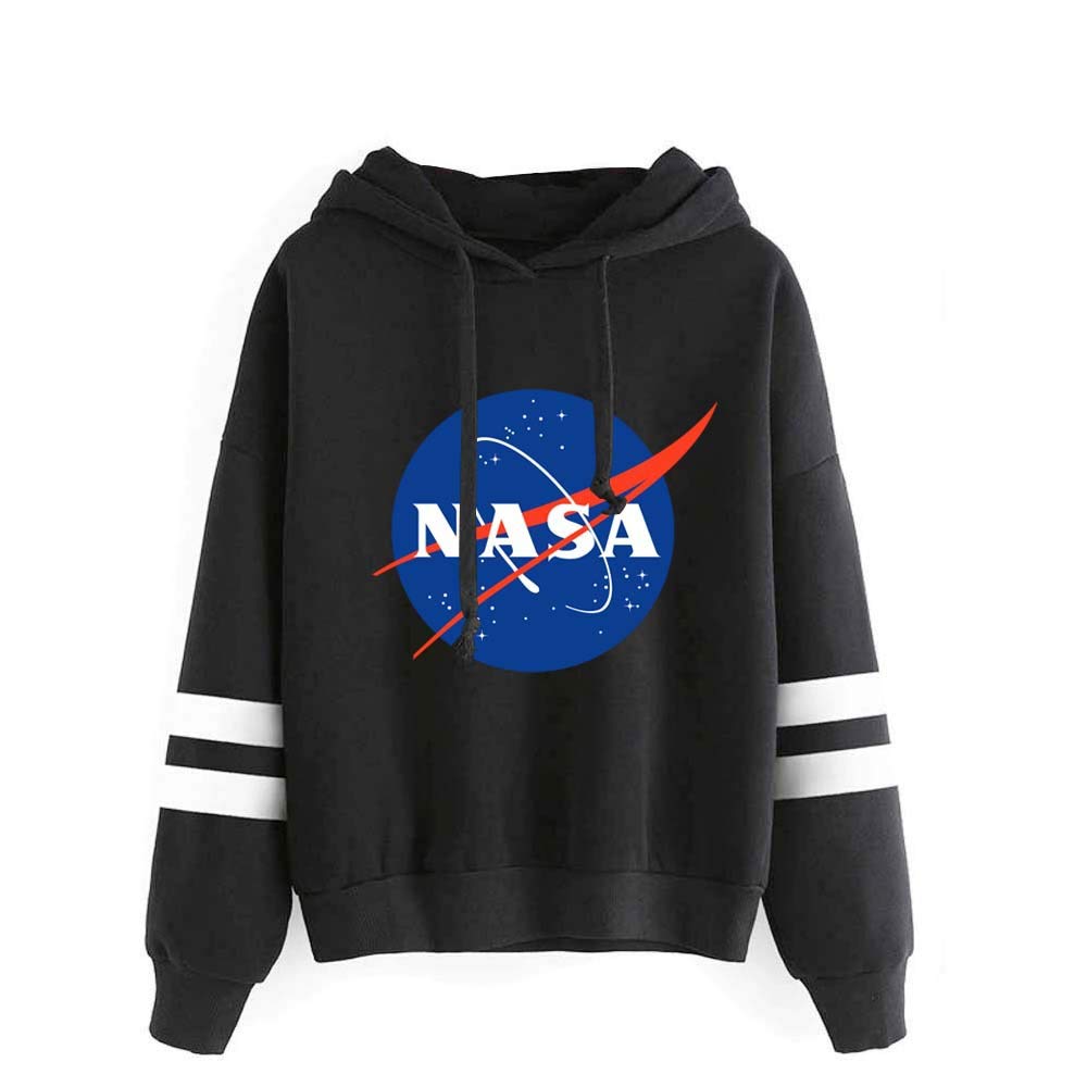 CORIRESHA Large Front NASA Logo Stripe Sleeve Hoodie Sweatshirt