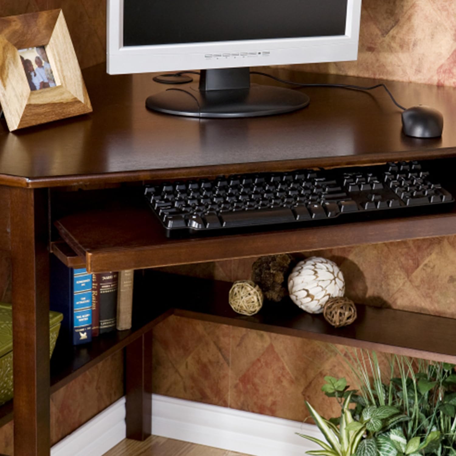 Corner Computer Desk Writing Smooth Keyboard Tray & Storage Shelves,Ameri Wood Desk Home Office Triangle Table, Rustic Natural Brown Black