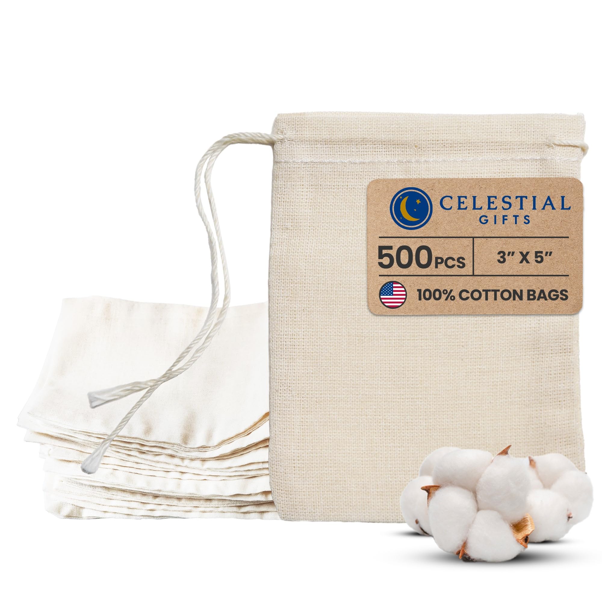 Celestial Gifts Muslin Bags with Drawstring 500 pcs - 3 x 5 100% Cotton - Made in USA - Canvas Bags Bulk, Small Drawstring Bags, Reusable Tea Bags, Jewelry Bags (Natural Hem and Drawstring)