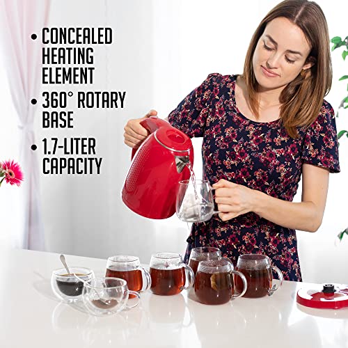 OVENTE Portable Electric Kettle Stainless Steel Instant Hot Water Boiler Heater 1.7 Liter 1100W Double Wall Insulated Fast Boiling with Automatic Shut Off for Coffee Tea & Cold Drinks, Red KD64R
