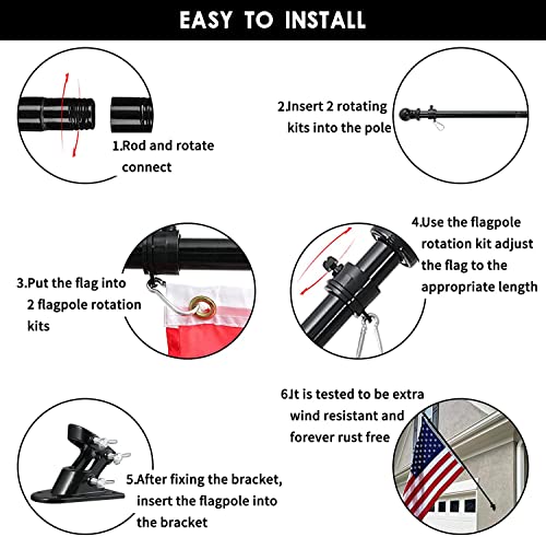 Flag Pole with Bracket,5FT/6FT Flagpole Kit American Flag with Pole Holder Mounting Bracket Stainless Steel Heavy Duty for Garden Yard Truck Boat Rustproof (6FT, Black Flag Pole With Black Bracket)