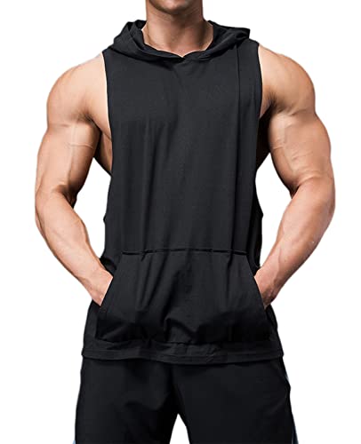 Men's Hooded Tank Tops Gym Workout Training Hoodies Sleeveless Bodybuildng Muscle Cut Off T-Shirt with Pocket Black L