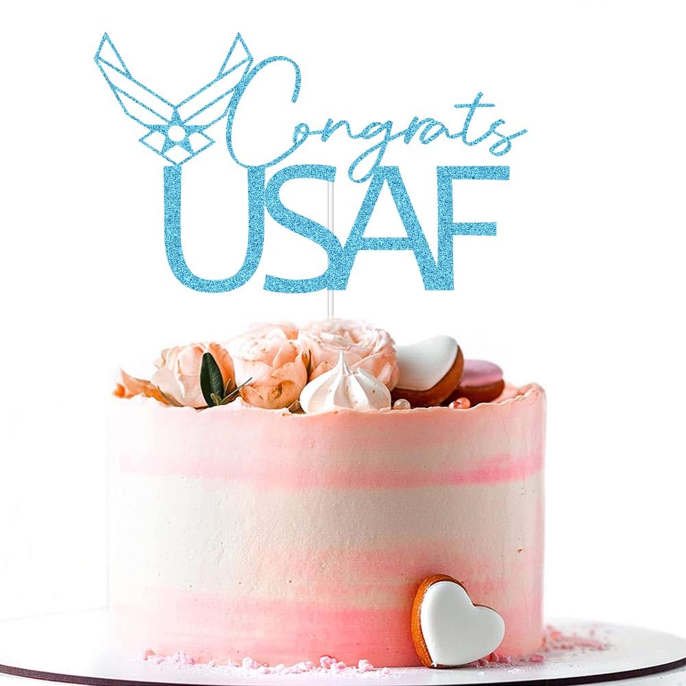MFULHUBA Congrats USAF Cake Topper, Air Force/Army/Military Theme Retirement/Graduation Party Decoration, Airmen/Soldier Veteran's Day Cake Decors, Blue Glitter