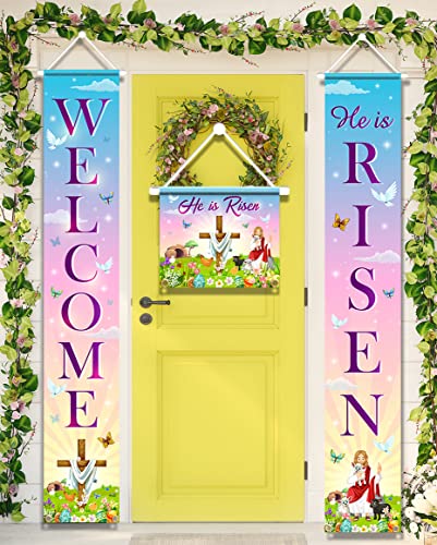 He is Risen Porch Sign-Religious Easter Supplies,3pcs Jesus Resurrection Easter Door Sign Banners,Happy Easter Front Door Welcome Hanging Banner for Spring Easter Decoration