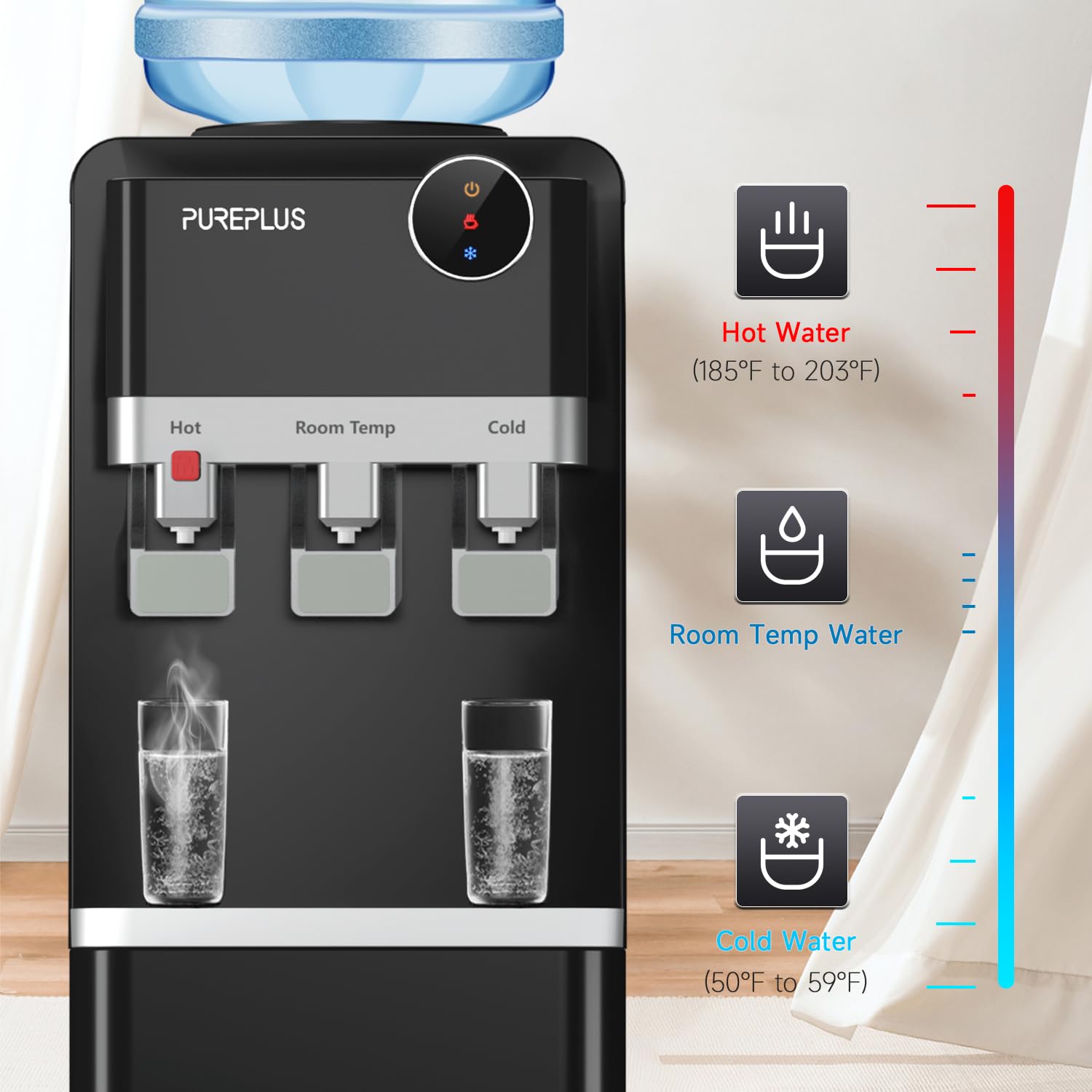 PUREPLUS Top Loading Water Cooler Dispenser, Water Cooler for 3 or 5 Gallon Bottles, Hot & Cold Water, 3 Temperature Settings with Child Safety Lock, Removable Drip Tray for Home, Office, & More
