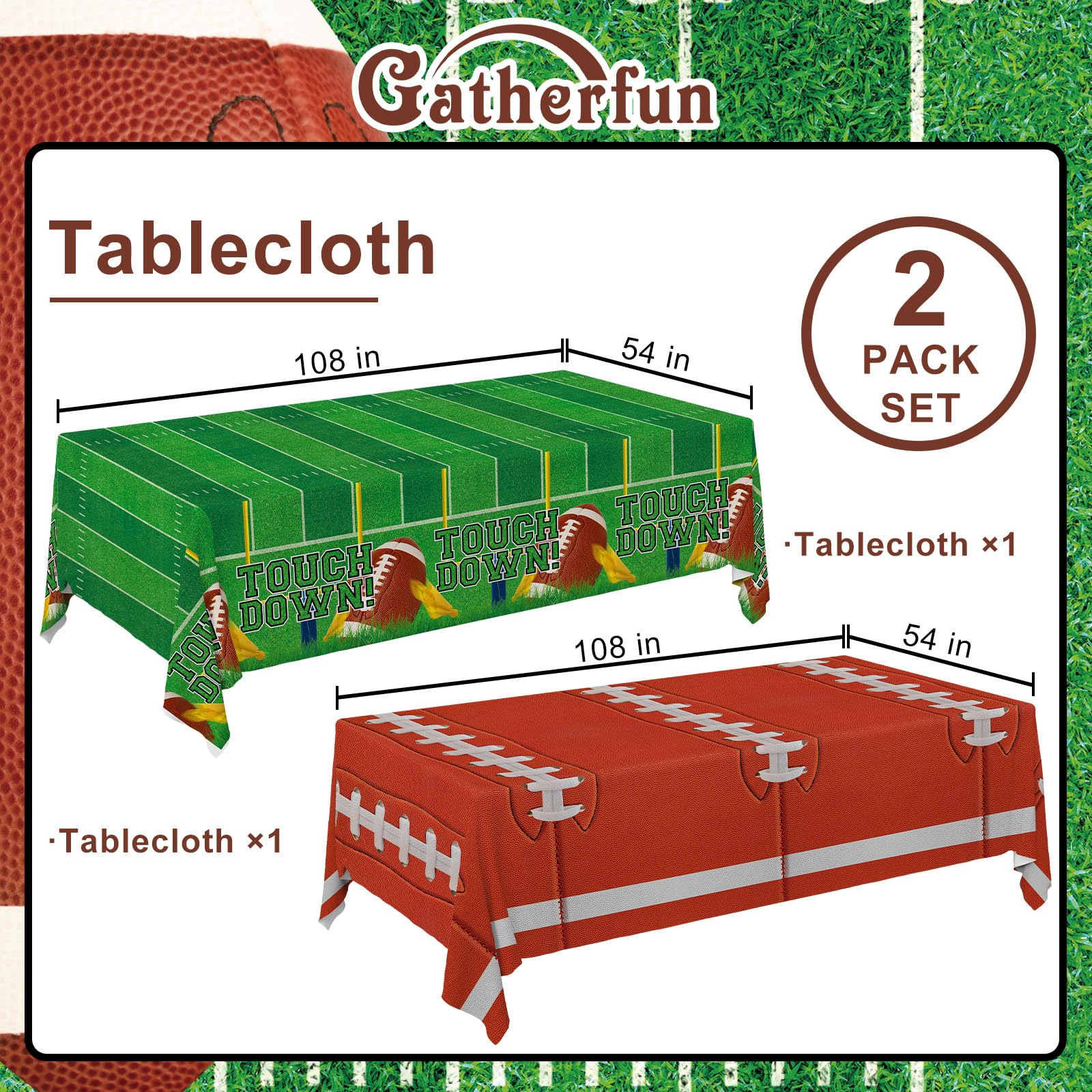 Gatherfun 2-Pack Football Party Decorations β Touchdown Tablecloth Set, 54x108 Disposable Plastic Covers for Game Party, Birthday Party & Football-Themed Favors