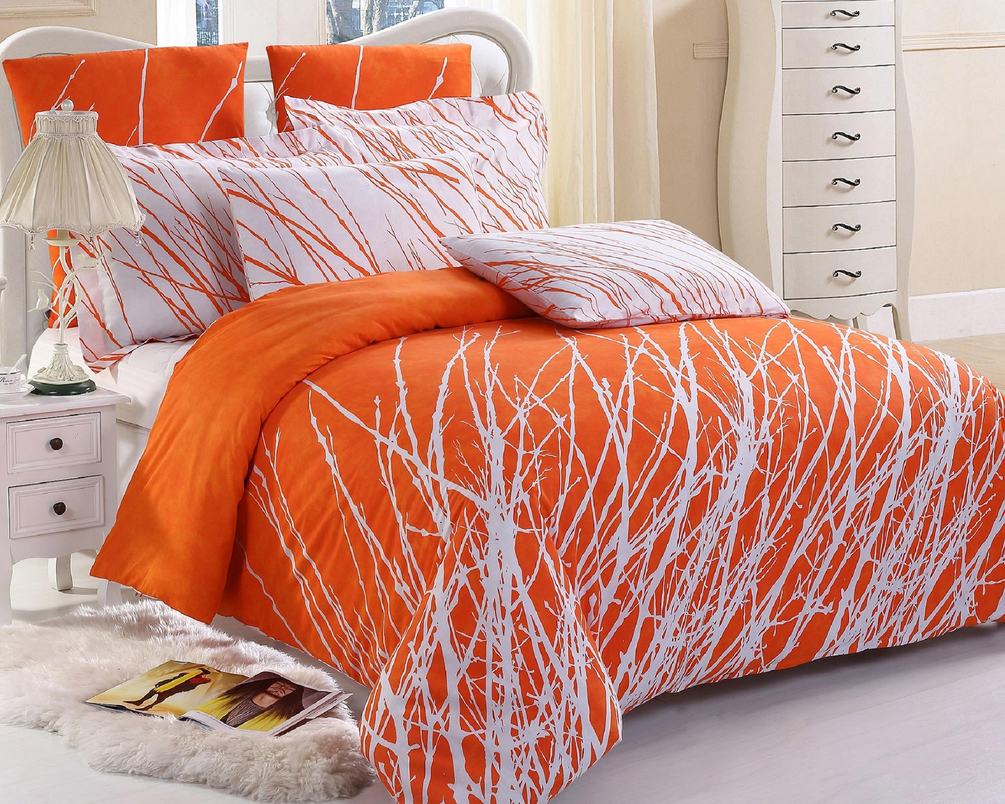 Swanson Beddings Tree Branches 5-Piece 100% Cotton Bedding Set: Duvet Cover, Two Pillow Shams and Two Euro Shams (Orange-White, Full)
