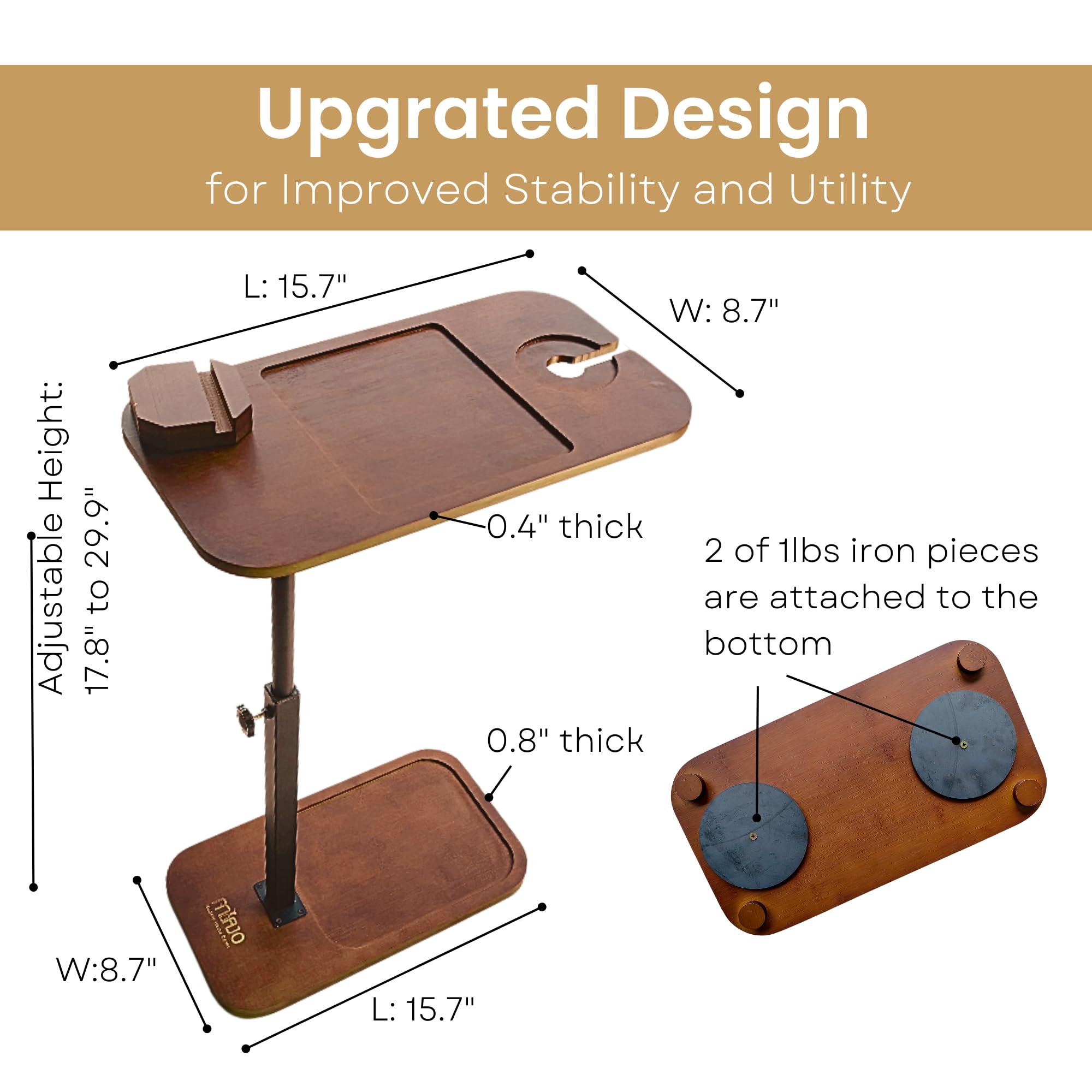 MIAJO Couch Side Table Small, Swivel TV Tray Table & 360° Rotating Phone Holder, Couch Arm Tray Tables, Small Side Table for Small Spaces, C Shaped End Table Couch Tables That Slide Under (Brown)