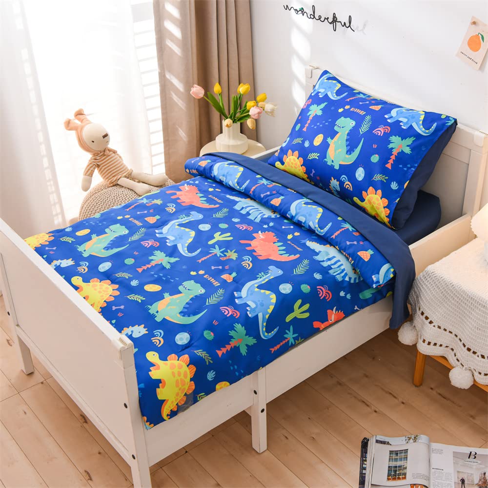 Holawakaka 4 PCS Boys Dinosaur Toddler Bedding Set, Colorful Dinosaurs Printed on Navy Blue, includes Quilted Comforter, Fitted Sheet, Flat Sheet, and Pillow Case for Kids