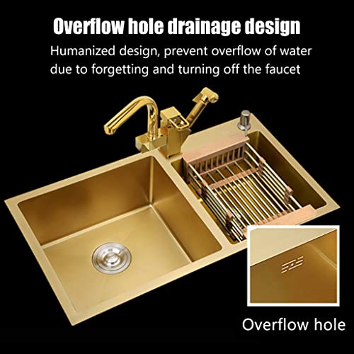Gold Kitchen Sink, Double Bowl Bar Sink, 304 Stainless Steel Nano-Coated, with Gold Sink Stopper and Drain Strainer, Drop-In or Undermount, 29.5β x15.7β