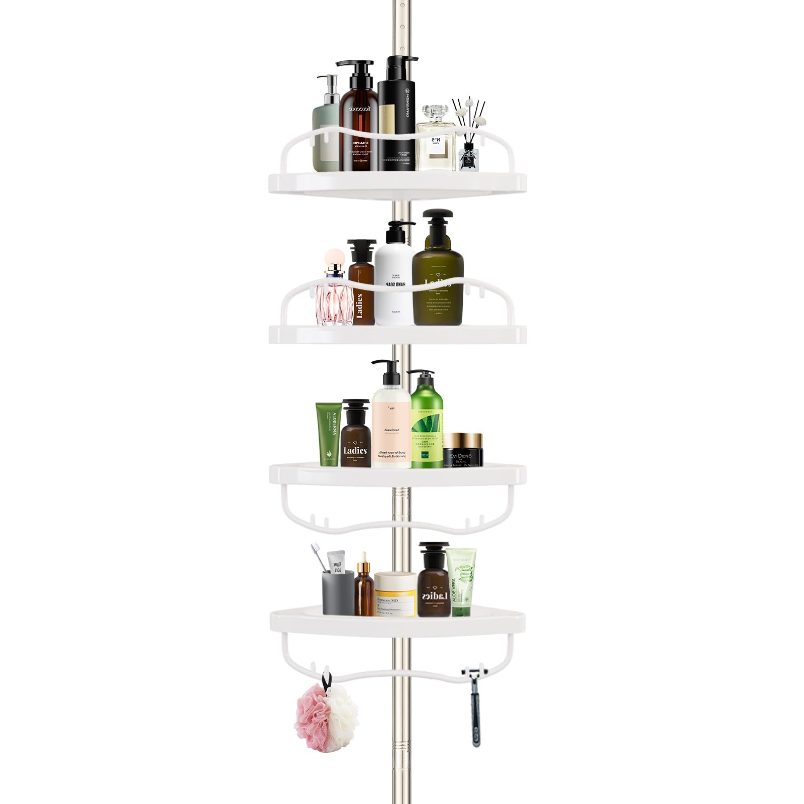 HOSKO Shower Caddy Tension Pole, 4-Tier Adjustable Tension Rod Shower Caddy Corner, Rustproof Shower Organizer Corner Shelf 54 to 114 Inch