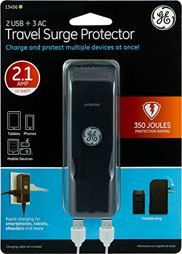 GE 13456 Travel Surge, 3 Outlet, 350J, 2 USB Ports (2.4A), Foldable Prongs