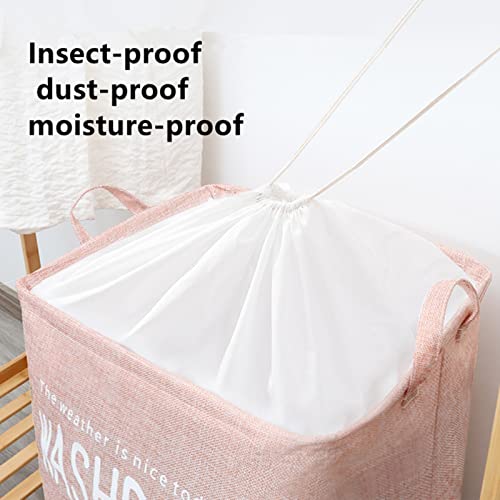 Shellconch Foldable Storage Bin Basket Laundry Basket,Foldable Fabric Storage Bin With Drawstring Cover。Dirty Clothes Hamper for Bedroom.(16.5L x 12.6W x 21.6H) (Pink)