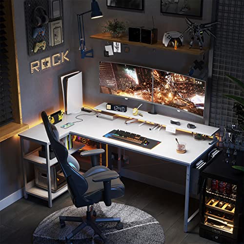 ODK 58 Inch Computer Desk with USB Charging Port & Power Outlet, L-Shaped Corner Desk with Storage Shelves & Monitor Shelf for Home Office Workstation, Modern Writing Table, White
