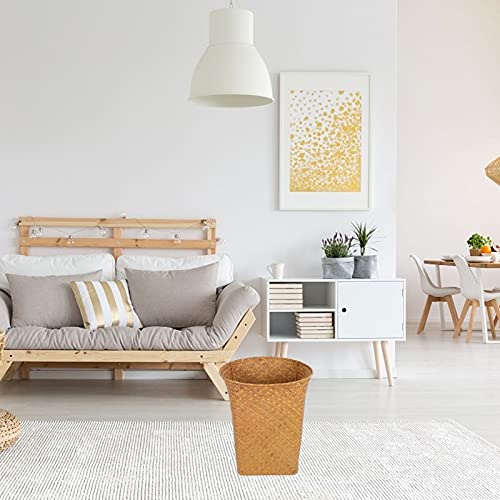 Healeved Straw Woven Wastebasket Wicker Trash Can Rattan Paper Storage Baskets Decorative Garbage Bin Rubbish Container Round Laundry Hamper Flower Vase Planter Holder Brown