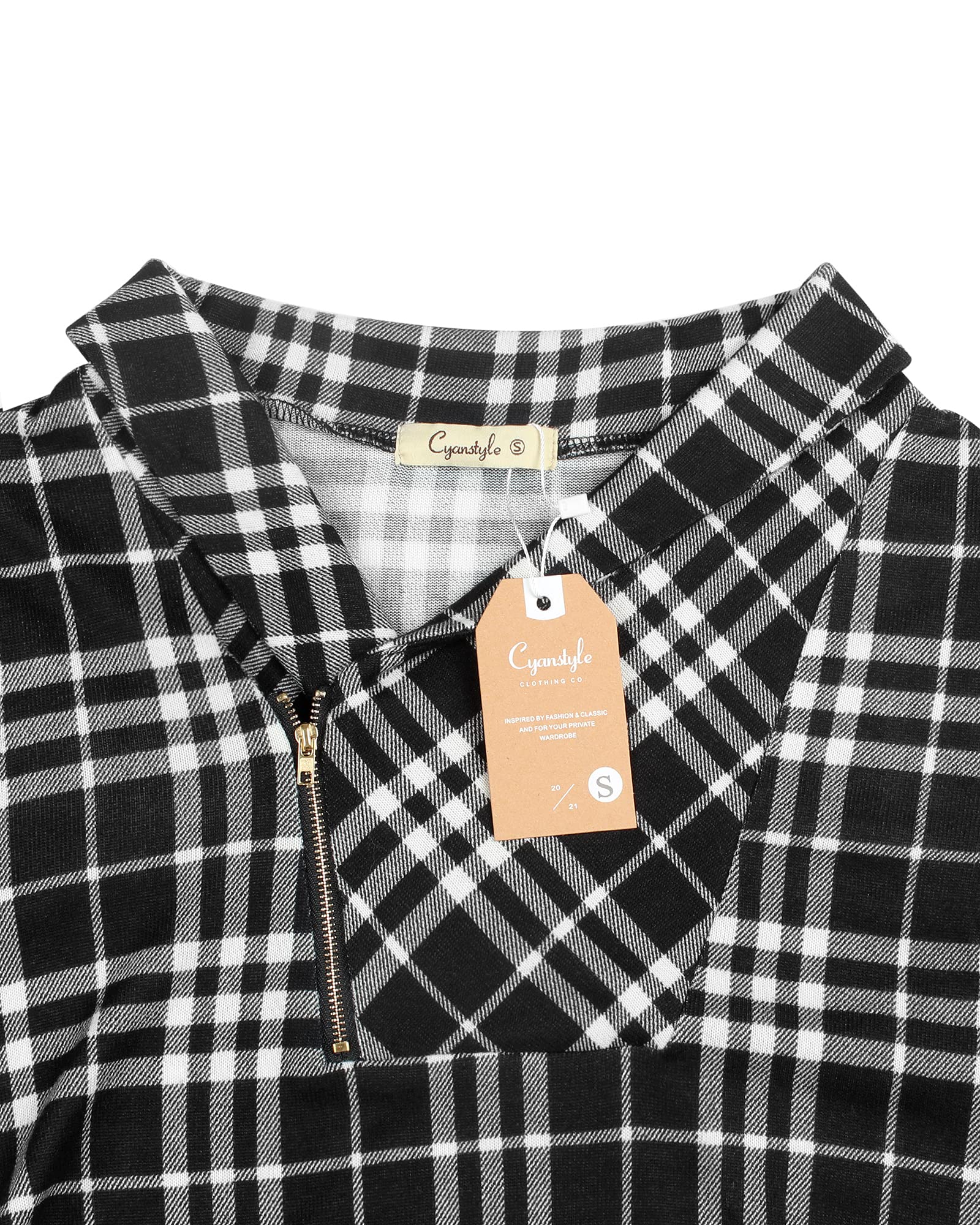 Cyanstyle Womens Cowl Neck Zipper Sweatshirt Casual Long Sleeve Tunic Pullover Plaid Black Medium
