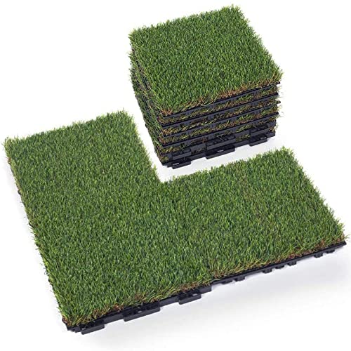 GOLDEN MOON Artificial Grass Turf Tile with Upgrade Interlocking System Self-draining Grass Tiles, 1x1 ft, 1 in Pile Height, 9 Pack