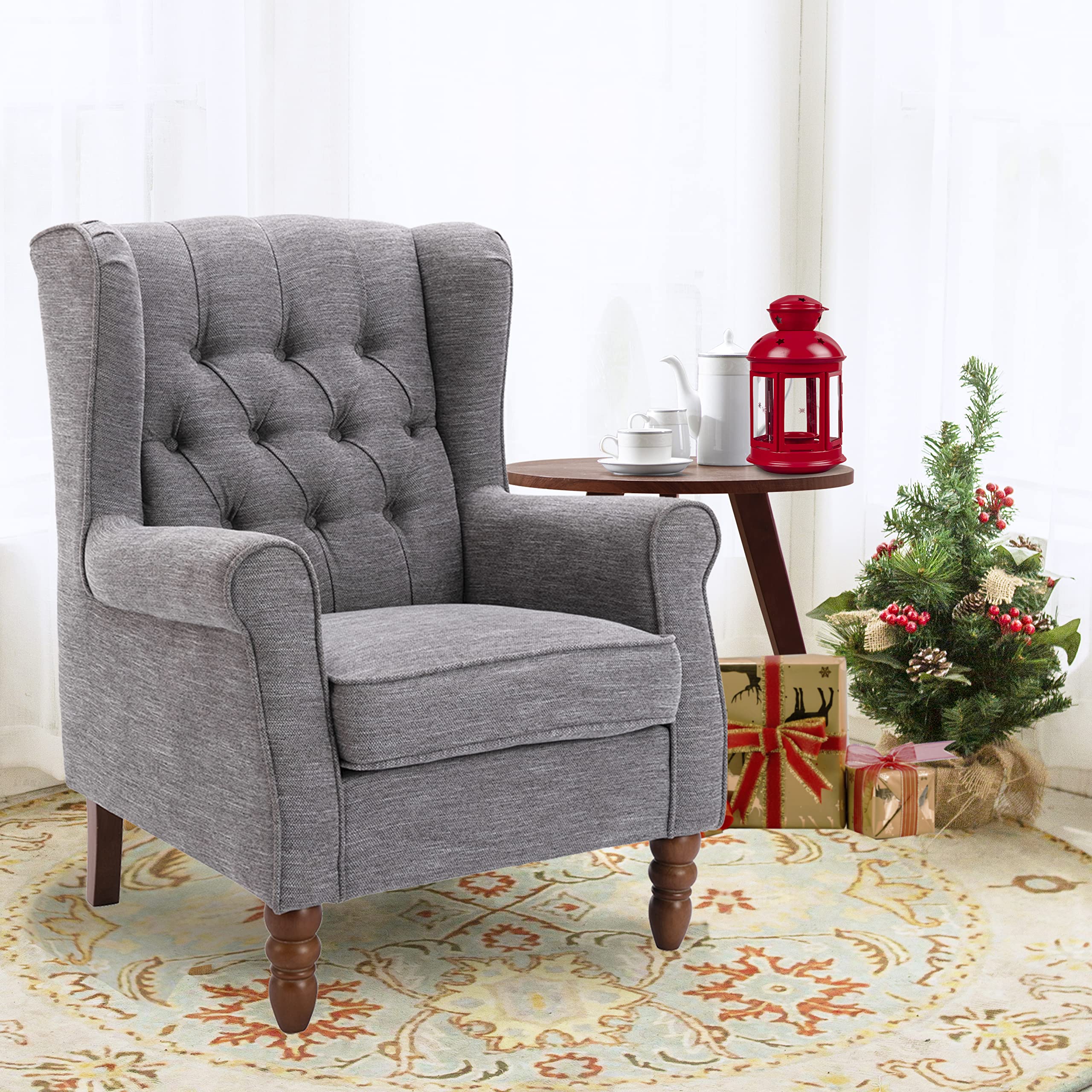 COLAMY Living Room Accent Chair, Thick Upholstered Button Tufted Wingback Armchair Fabric Mid-Century Modern Sofa Arm Chair, Solid Wood Legs Padding Seat, Grey
