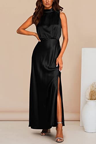 PRETTYGARDEN Women's Long Formal Satin Dress Mock Neck Sleeveless Side Slit Flowy Maxi Tank Dresses (Black,Medium)
