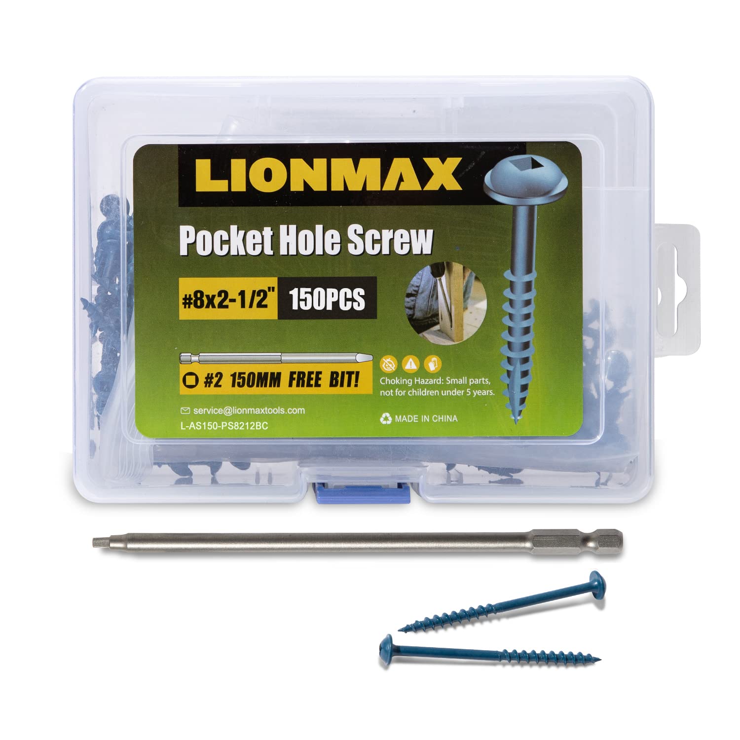 LIONMAX Pocket Wood Screws #8 x 2-1/2", 150PCS Wood Screws for Pocket Hole, Washer Head with Square Drive, Coarse Thread, Blue Coated for Weather Resistant, Self Tapping, 150MM Drive Bit Included