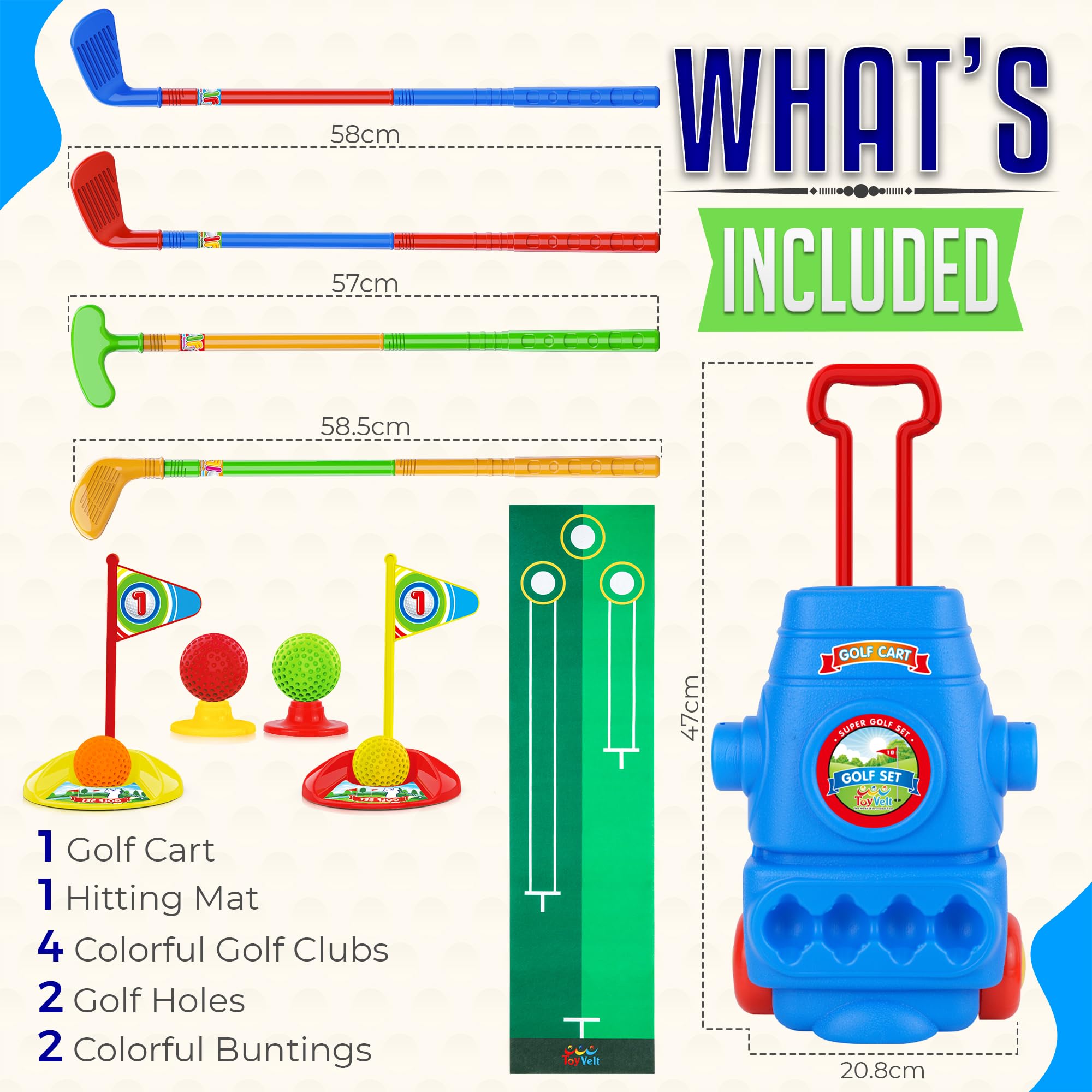 ToyVelt Toddler Golf Set - Kids Golf Clubs with 6 Balls, 4 Golf Sticks, 2 Practice Holes and a Putting Mat - Promotes Physical & Mental Development, Ideal Toddler and Kids Golf Set Gift for Boys 2-10