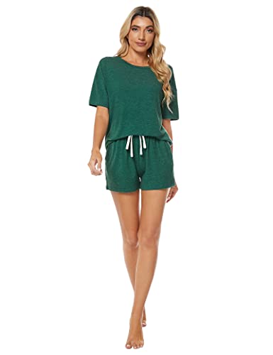 LOCUBE Women's Pajama Sets Soft Comfy Short Sleeve Lounge Outfits Pj Set Shorts with Pockets (Green 2, Medium)