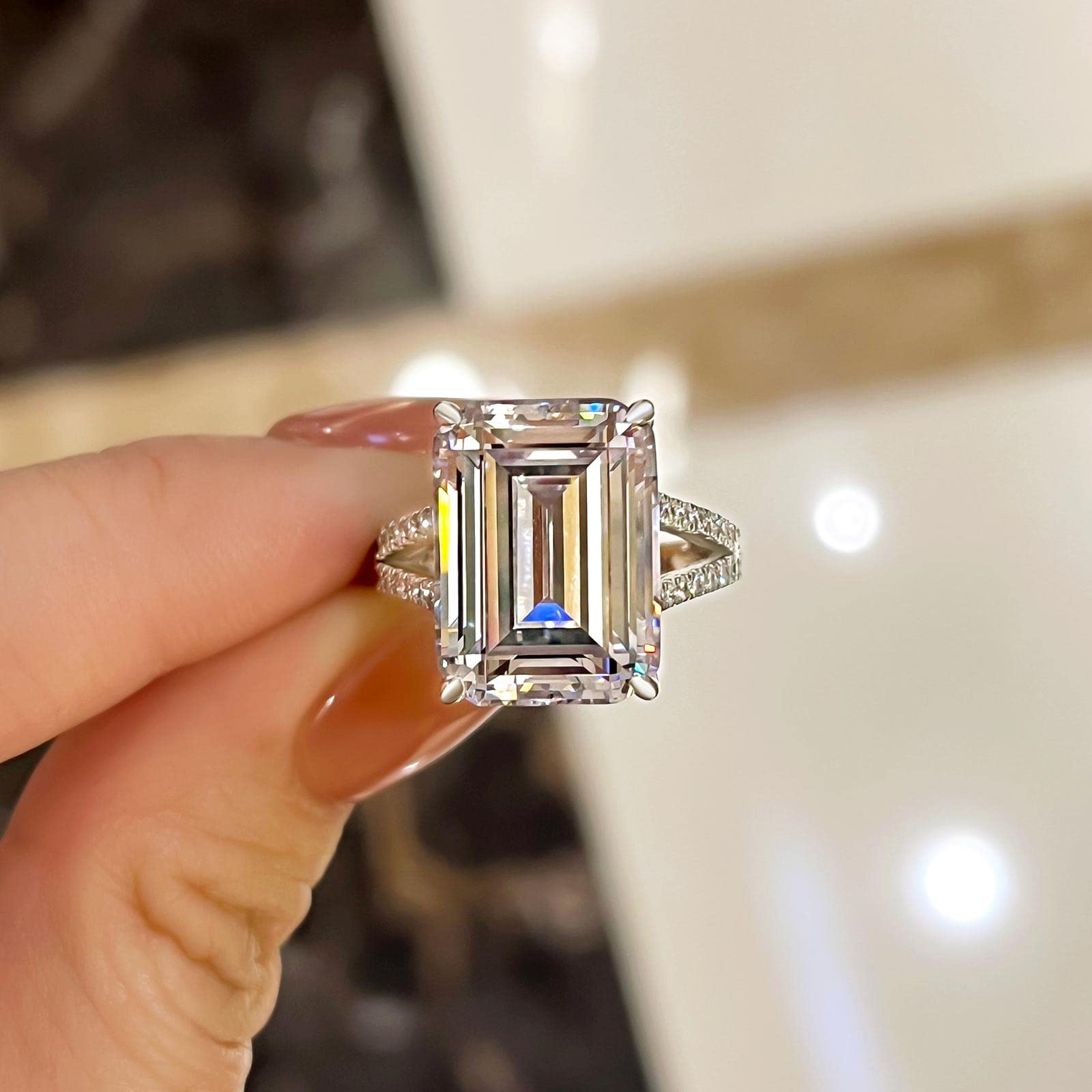 Effinny 8.0ct Emerald Cut Engagement Ring for Women,White Gold Plated Sterling Silver Simulated Diamond Promise Ring with Jewelry Box