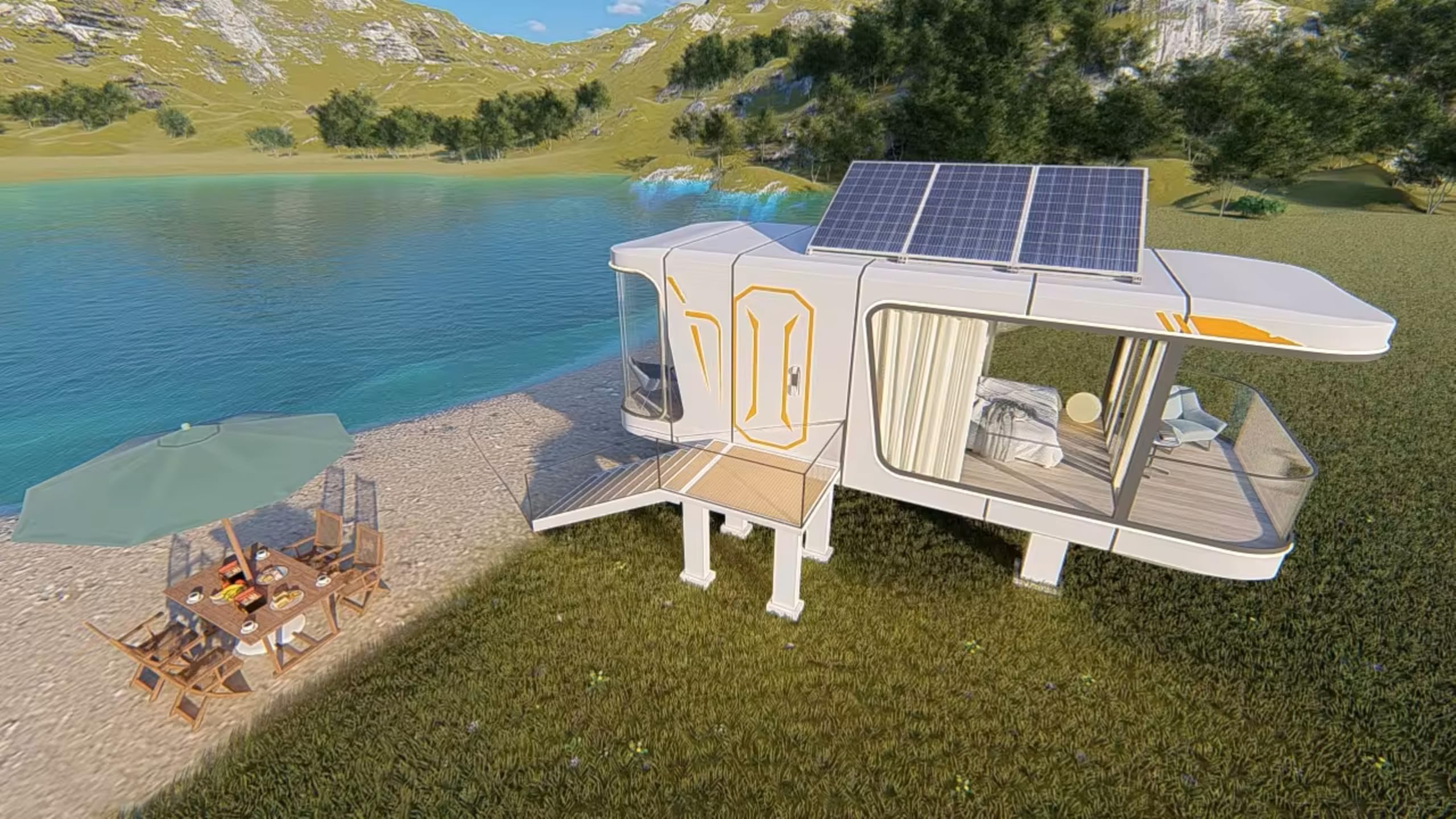 Generic Tiny Prefab House. Container Movable House. Solar Powered Mobile Container House Modular Guest House.40 and 20 ft 2 Spacious Bedroom + Luxury Shower Bathroom+Kitchen Space (20 ft), White