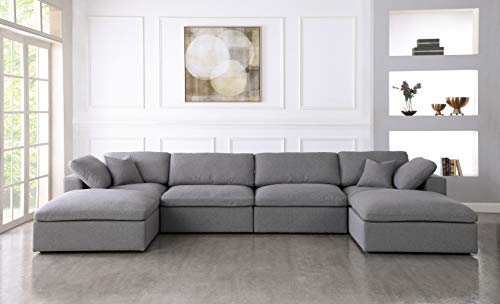 Meridian Furniture Serene Collection Modern | Contemporary Deluxe Comfort Modular Sectional, Soft Linen Textured Fabric, Down Cushions, 2 Corner + 2 Armless + 2 Ottoman, Grey