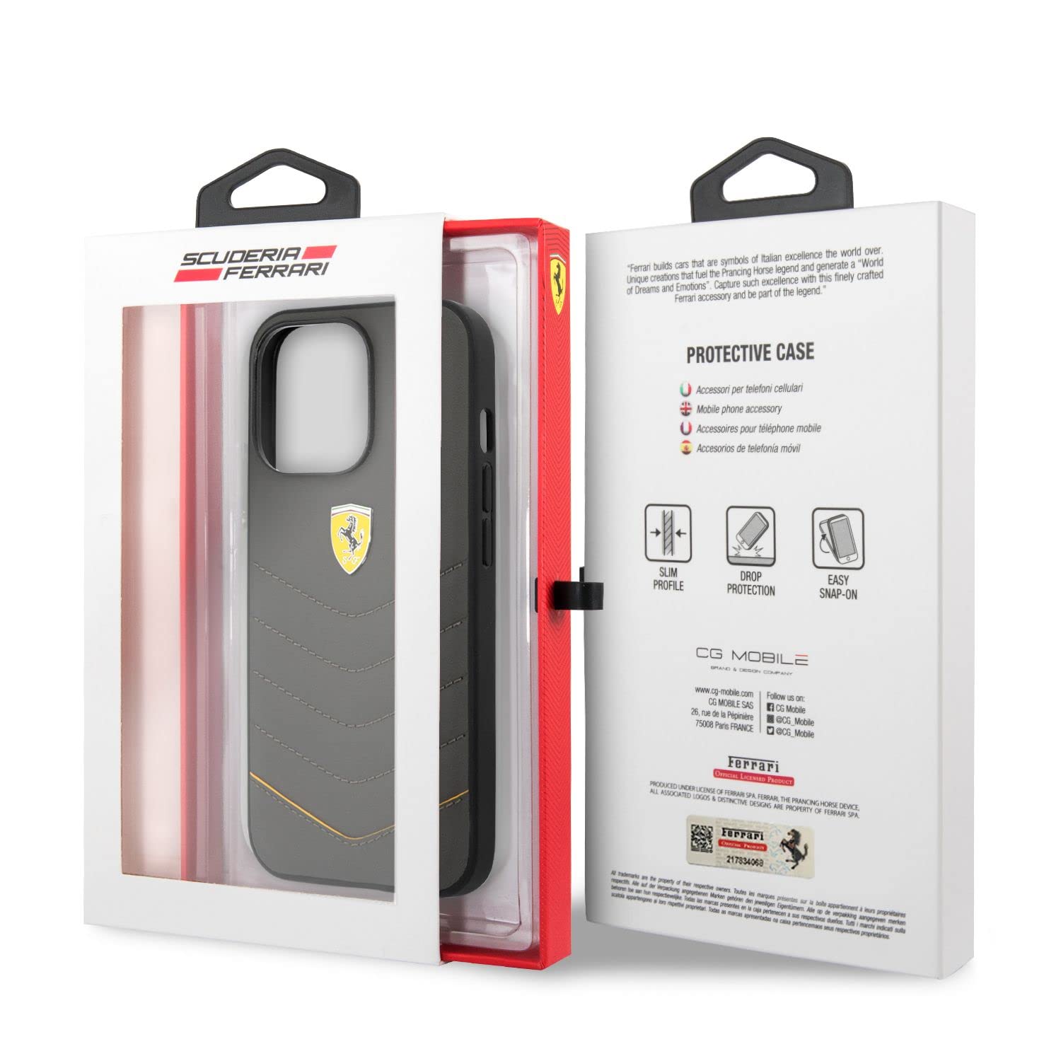 CG MOBILE Ferrari Phone Case for iPhone 13 Pro in Gray with Quilt & Yellow Edge, Real Leather Protective & Durable Case with Easy Snap-on, Shock Absorption & Signature Logo