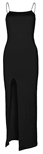 PRIMODA Women's Spaghetti Strap Backless Thigh-high Slit Bodycon Maxi Long Dress Club Party Dress(Black S)