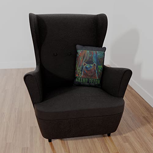 Grand Teton Brown Bear Canvas Throw Pillow for Couch or Sofa at Home & Office from Oil Painting by Artist Kari Lehr 13" x 19".