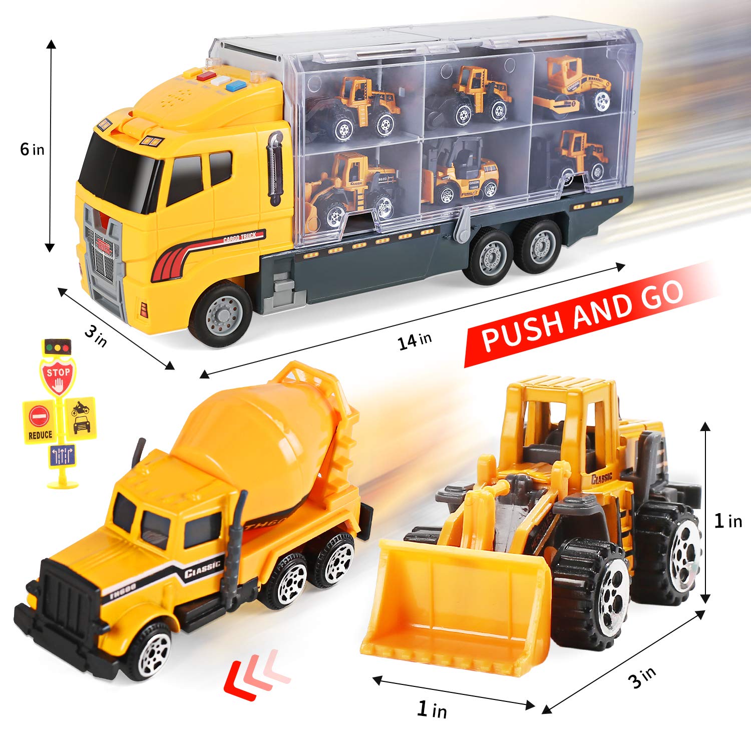 CUTE STONE 25 in 1 Construction Trucks Push and Go Car Carrier Truck Toy, Play Vehicles with Sounds and Lights, 12 Mini Diecast Trucks Included