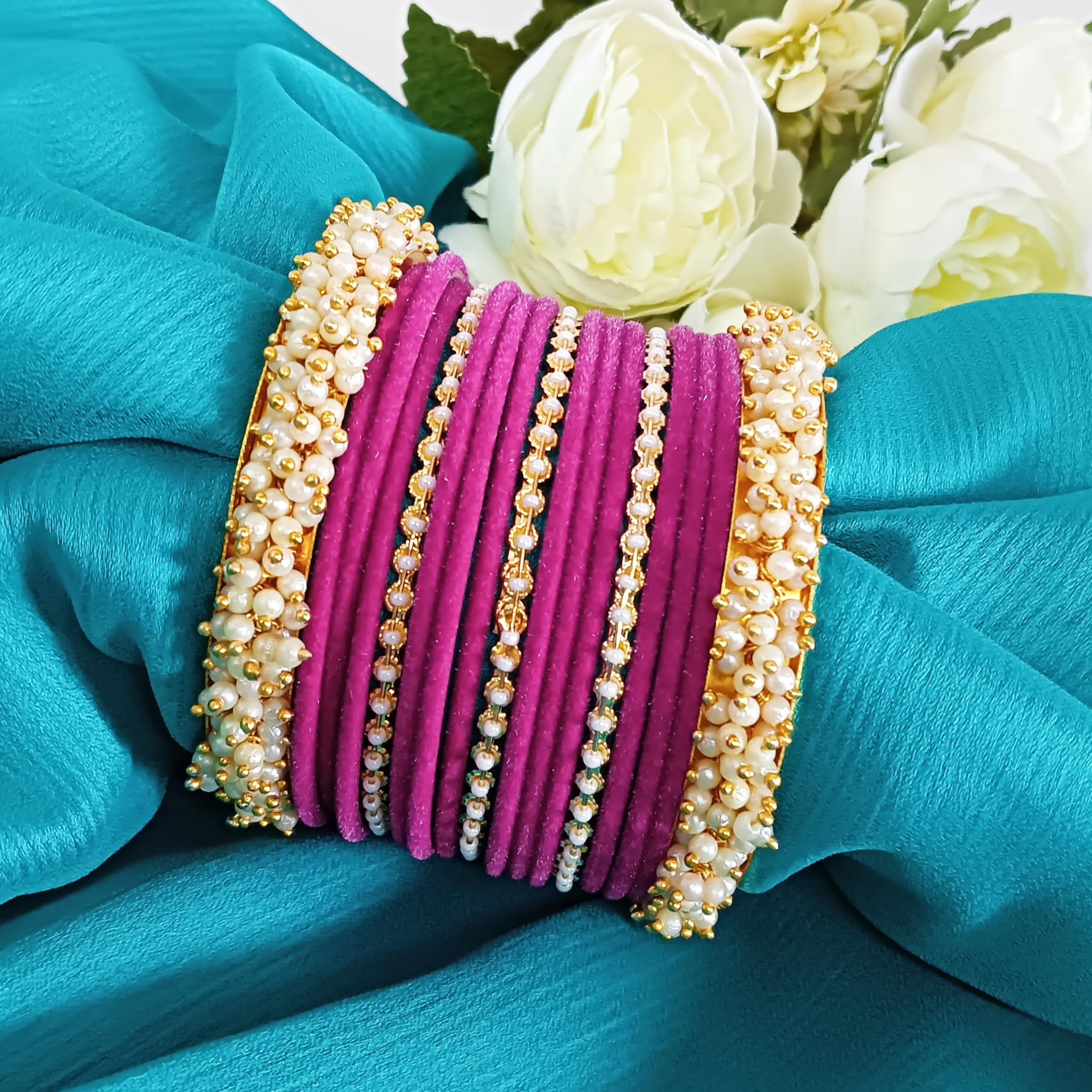 Efulgenz Indian Bangle Set Faux Pearl Bracelet Bangle Velvet Bangles Wedding Bridal Jewelry for Women