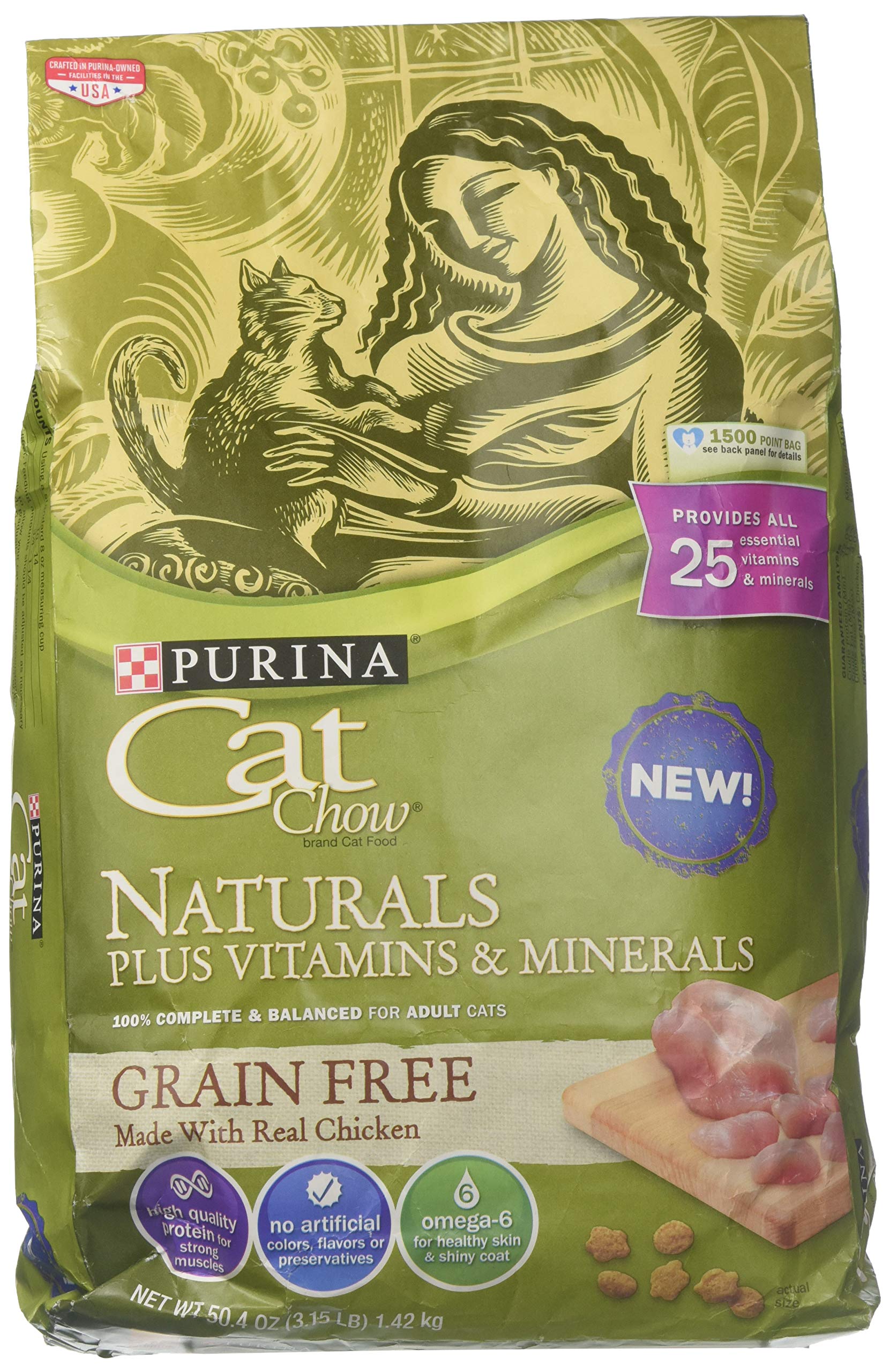 Purina Cat Chow Naturals Plus Vitamins & Minerals Grain Free Made with Real Chicken (1-3.15 lb Bag), Brown