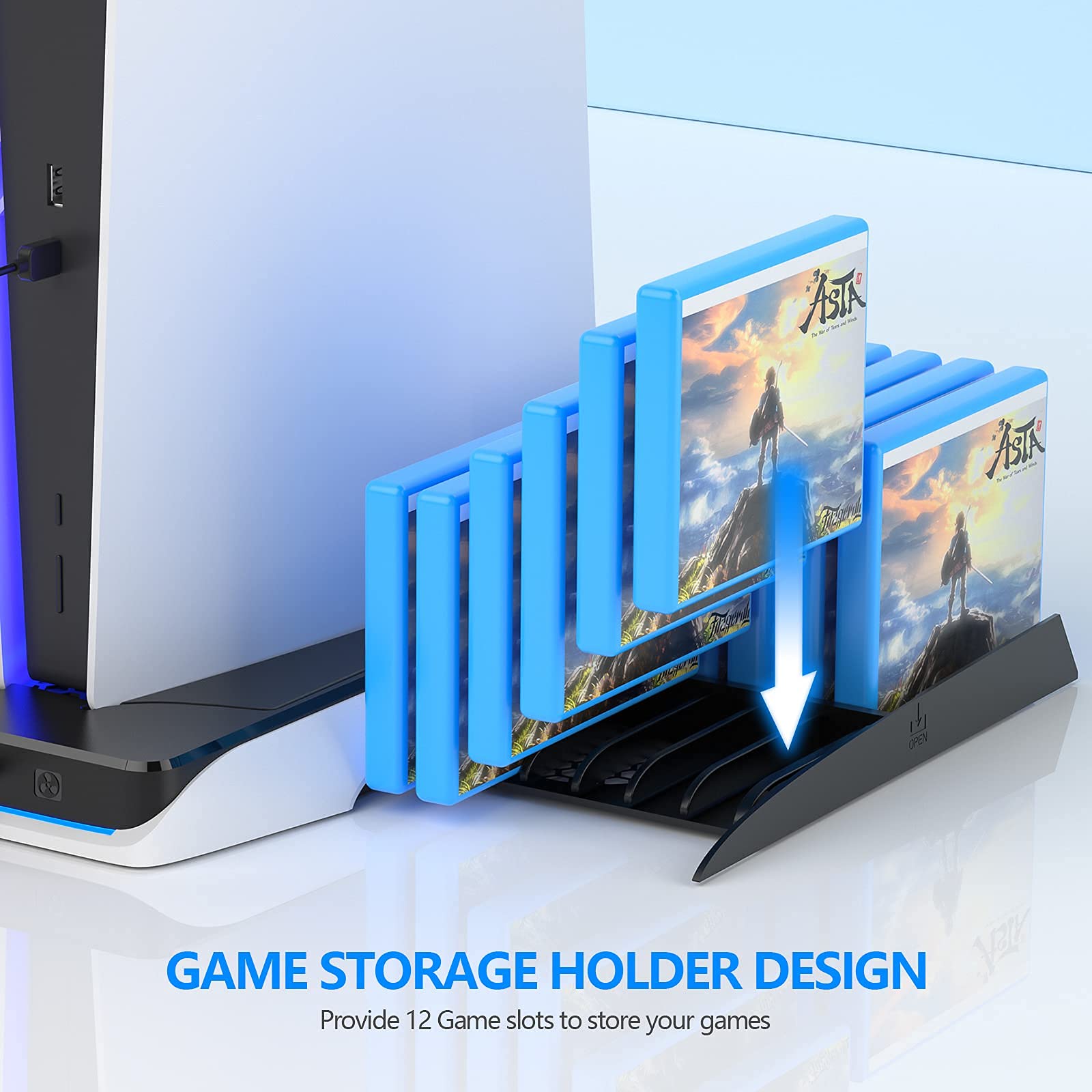 CYBERMIX PS5 Vertical Stand with Cooling Fans and Dual Controller Charger Station Compatible with Playstation 5 Disc & Digital Editions, Built-in 12 Game Storage, White+Black