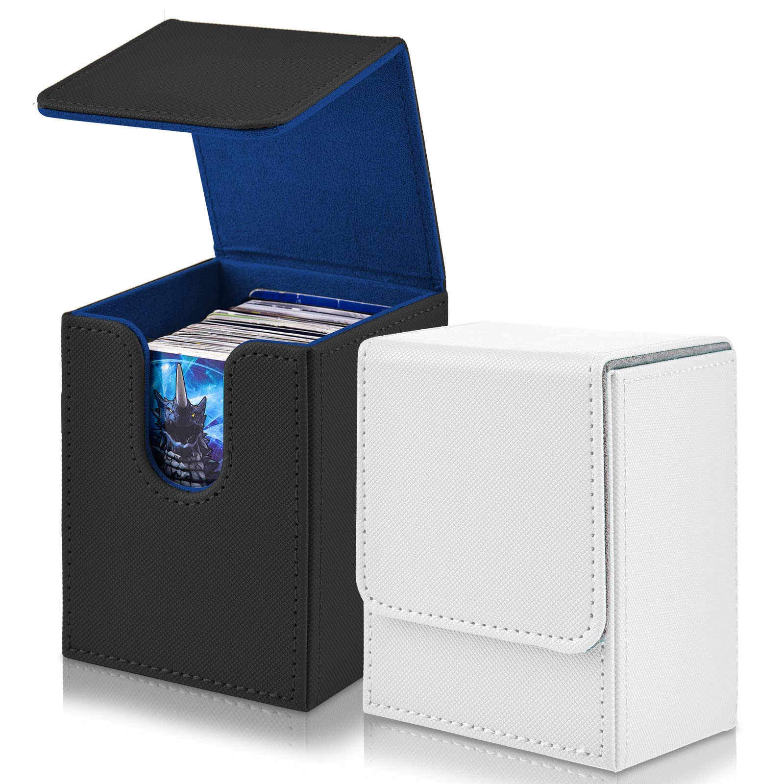 FCSELFLESS 2 Boxes Leather Card Deck Box with 2 Dividers Large Size Fit 100+ Plus (Black&White, Vertical)