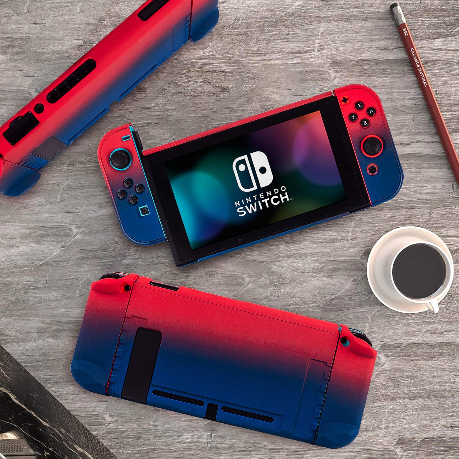 Cybcamo Protective Case Cover for Nintendo Switch, Hard Shell Case Handheld Grip for Nintendo Switch Console and Joy-Con Controllers with 2 Thumbsticks (Red & Blue)