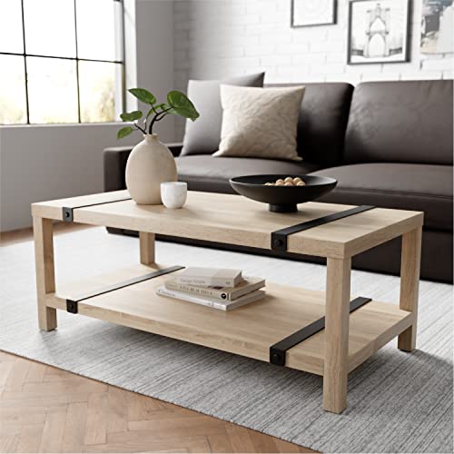 Stead Industrial Rectangular Wood Coffee Table 2023 Collection - Living Room Furniture- Modern Home Decor - Powder-Coated Metal Details (White Washed Oak)