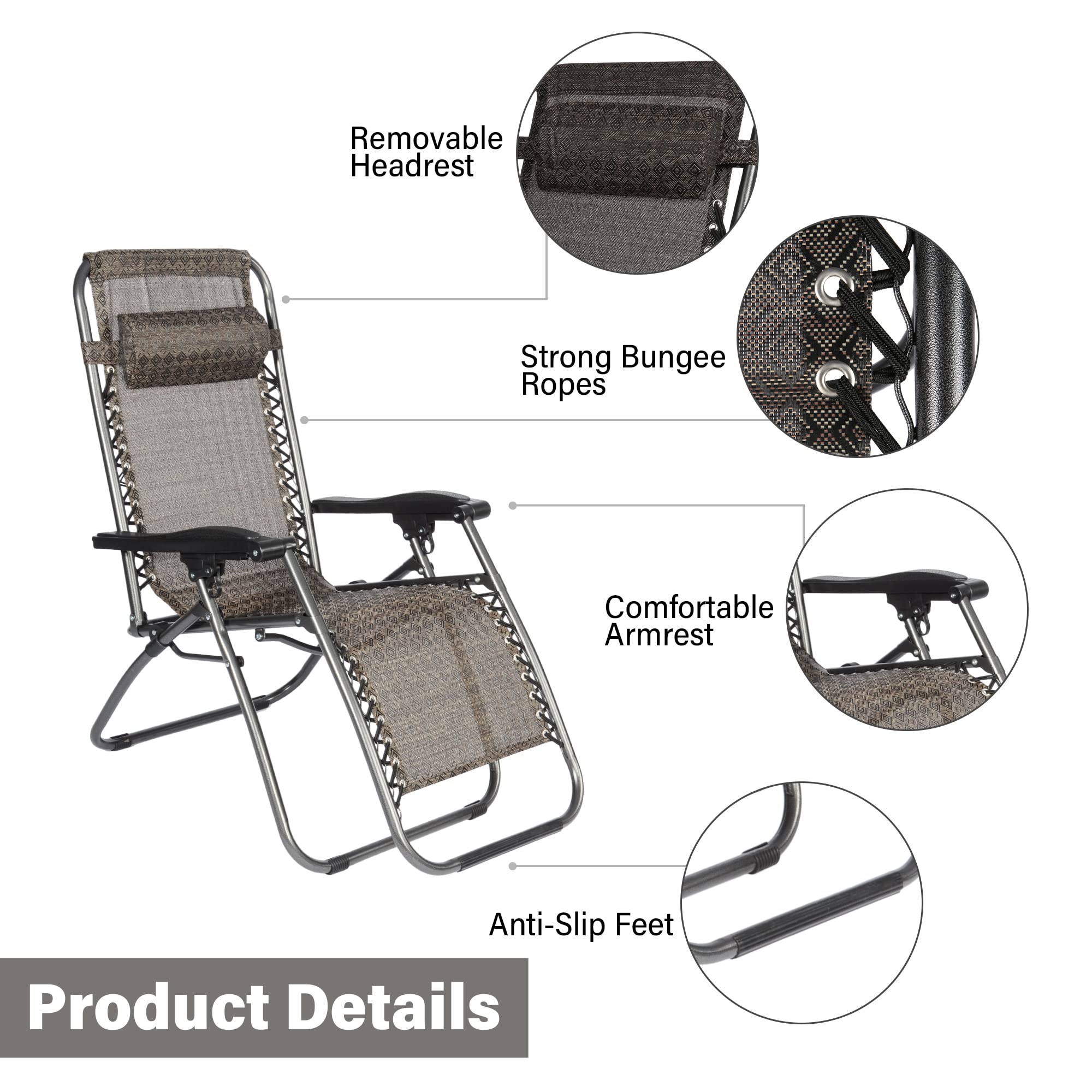 LUCKYERMORE Adjustable Textilene Zero Gravity Chairs Set of 2, Diamond Design Outdoor Folding Reclining Lounge Chair with Pillow, Hold up to 300 LBS, Patio Recliners for Pool Beach, Grey and Brown