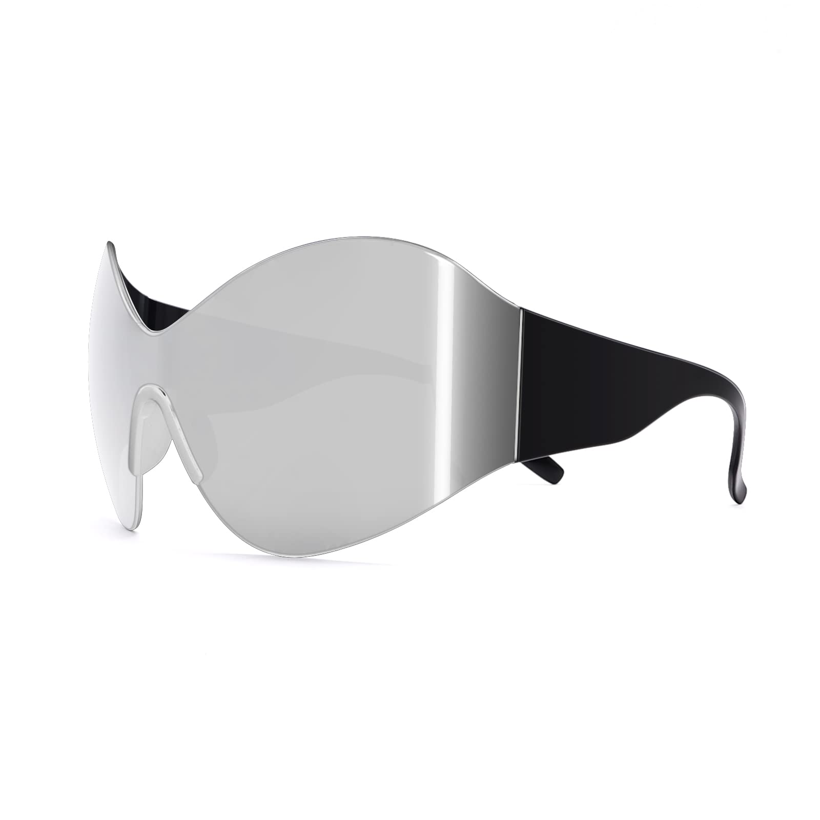 Crazy Feng Oversized Futuristic Sunglasses For Women Men,Fashion Rimless Y2k Sunglasses Trendy Shield Wrap Around Sunglasses Silver Shades
