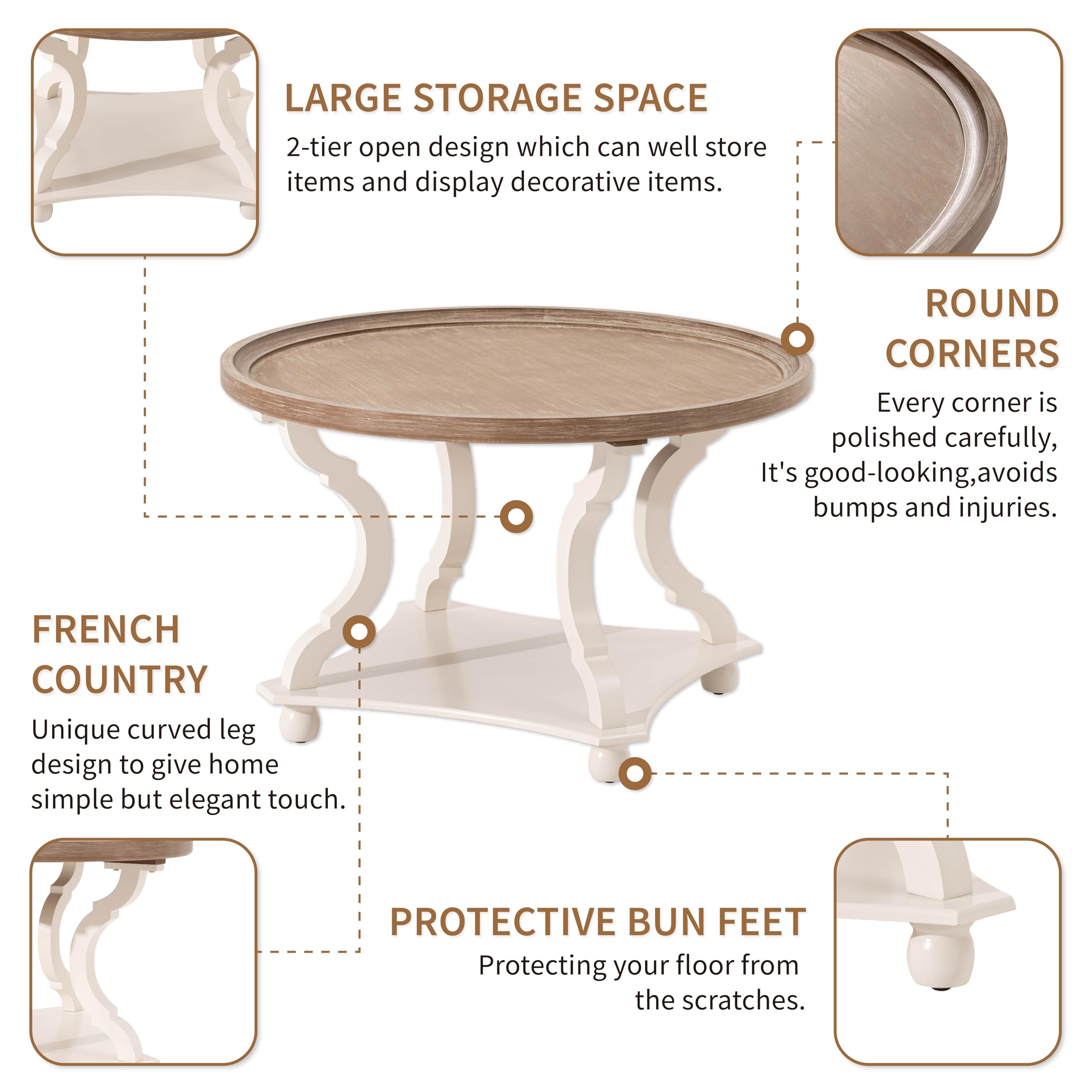 COZAYH Round Farmhouse Coffee Table with Handmade Finishes, Wood Tray Top Rustic Coffee Table for Added Thickness, Accent Table with Storage for Living,White 32βX32βX20β