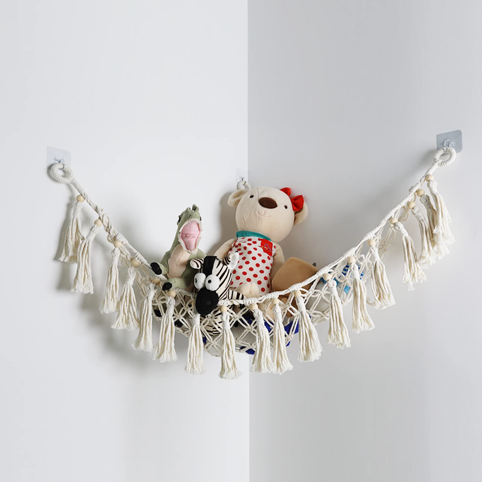 MACAJICHO Stuffed Animal Hammock, Toy Hammock Stuffed Animal Net with Macrame, Kids Toy Organizer Hanging Net for Stuffed Animals Boho Decor for Kids Room, Play Room, Bedroom