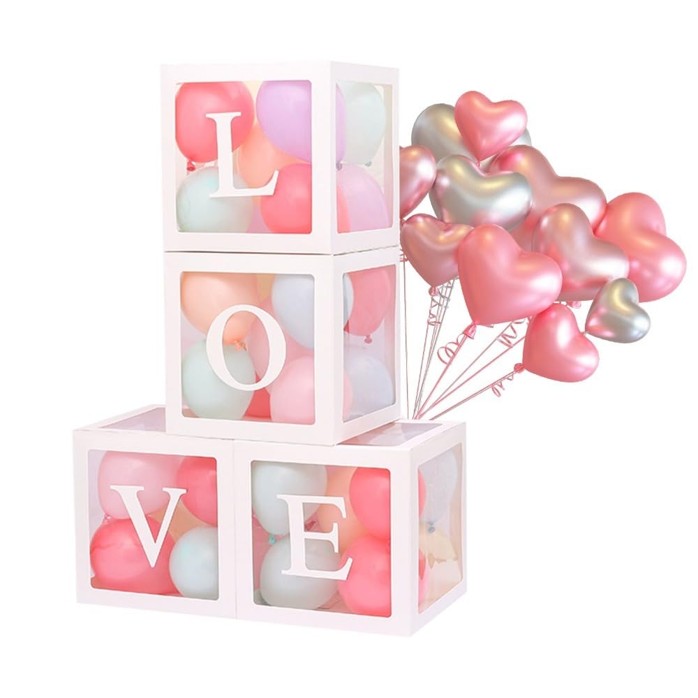 Generic 4 Pieces Love Transparent Balloons Boxes with Letters, Valentine’s Day Balloon Box, Party Decorations Balloons Boxes for Anniversary Wedding Engagement Wedding, Bridal Shower, Birthday Party