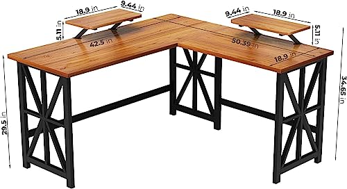 GreenForest L Shaped Desk with 2 Monitor Stand, 50.4 inch Reversible Corner Computer Desk for Home Office Study Gaming Workstation Crafting Table for Small Spaces, Easy Assembly, Walnut