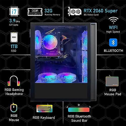 STGAubron Gaming Desktop PC,Intel Core i7 3.4G up to 3.9G,GeForce RTX 2060 Super 8G GDDR6,32G,1TB SSD,WiFi,BT 5.0,RGB Keybaord,RGB Mouse,RGB Mouse Pad,RGB BT Sound Bar,RGB Bluetooth Headset Mic,W10H64