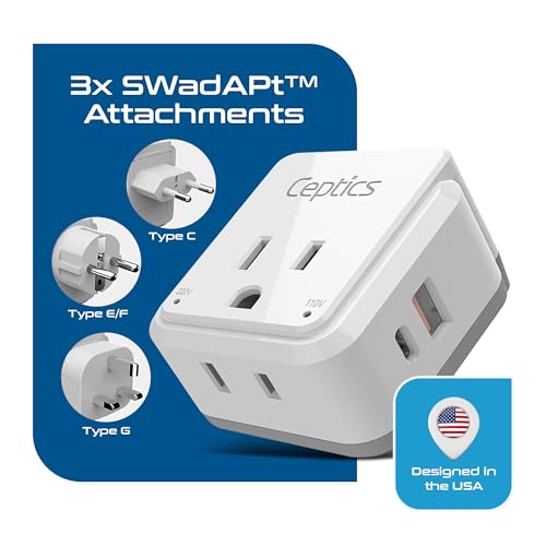 Ceptics European Plug Travel Adapter Set, 20W PD & QC, Safe Dual USB & USB-C - 2 USA Socket - Compact - Use in Germany, France, Italy, UK - Includes Type E/F, Type C, Type G SWadAPt Attachments