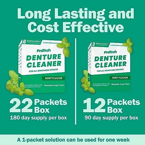 Protech Denture Cleaner 7g (3-Month Supply) Denture Cleanser Foils for Retainers, Nightguards, Mouthguards, and Dentures, Nicotine, Coffee and Iron Cleaning Foils, No Tablets, Long Lasting Packets
