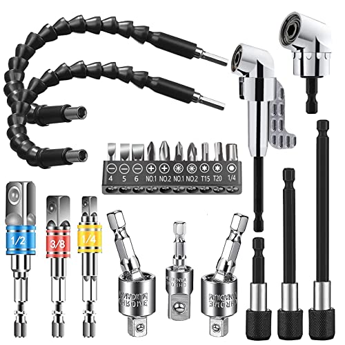Flexible Drill Bit Extension Set 14 Pcs,Hex Shank Drill Bit Holder Extension Set 3 Pcs,90°105°Right Angle Drill Bit Attachment,1/4 3/8 1/2"Impact Driver Rotatable Socket Adapter & Screwdriver Bit Set