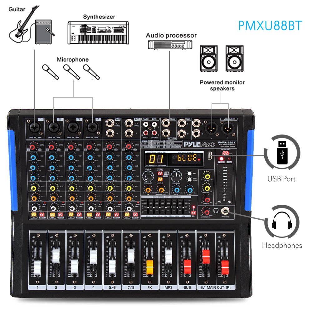 PYLE 8-Channel Bluetooth Studio Audio Mixer - DJ Sound Controller Interface w/ USB Drive for PC Recording Input, XLR Microphone Jack, 48V Power, RCA Input/Output for Professional & Beginners